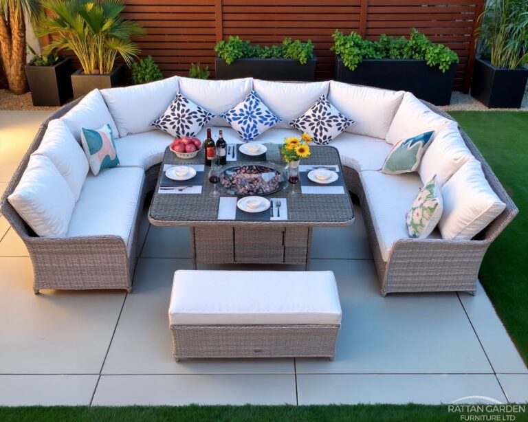 Champagne Curved Sofa Set with Fire Pit – Cassa Garden