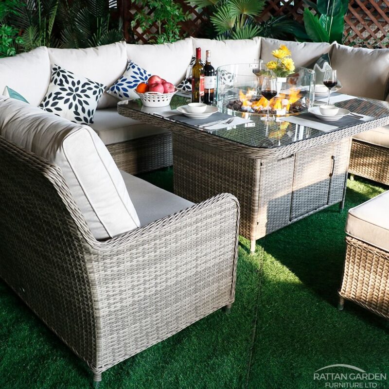 Champagne Curved Sofa Set with Fire Pit – Cassa Garden