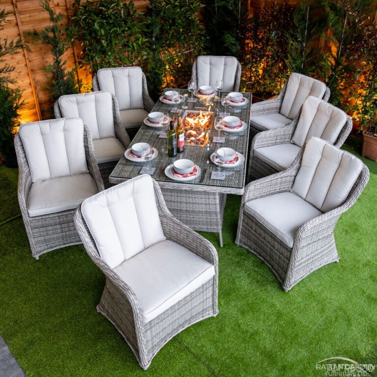 Champagne Vienna 8 Seat rattan Fire Pit With 210cm Rectangular Table – Cassa Garden